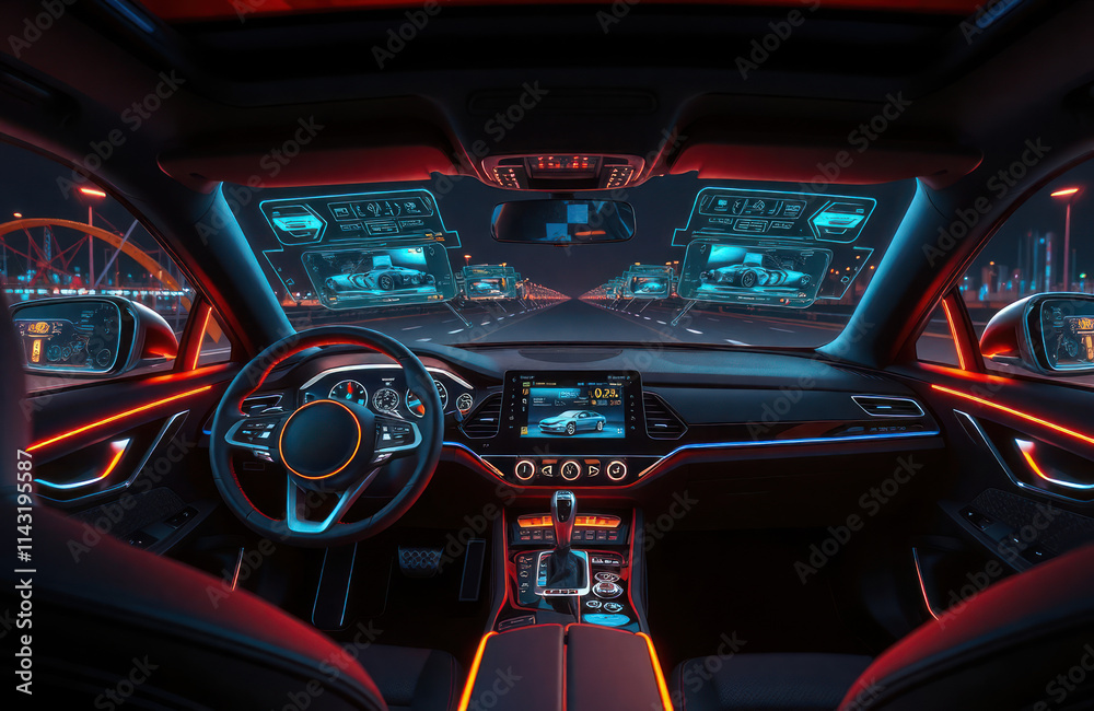Futuristic car interior with neon lights, holographic displays. Night ...