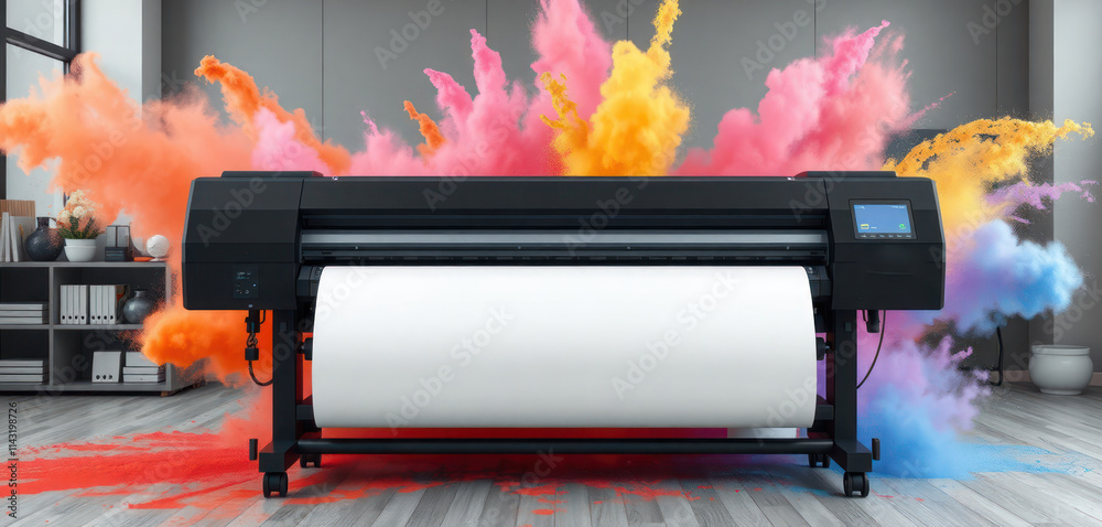 Large format printer produces vivid colours. AI-powered machine prints ...