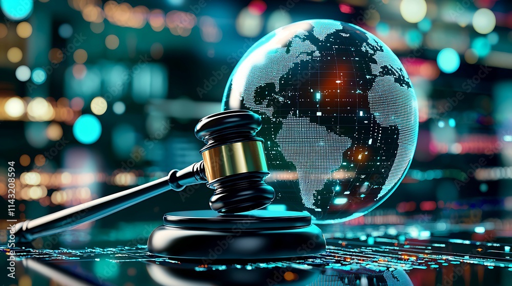 law restriction governance. A gavel rests beside a glowing globe ...
