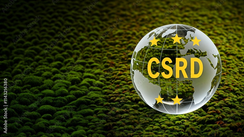 Transparent globe displaying CSRD over lush green moss background. A ...