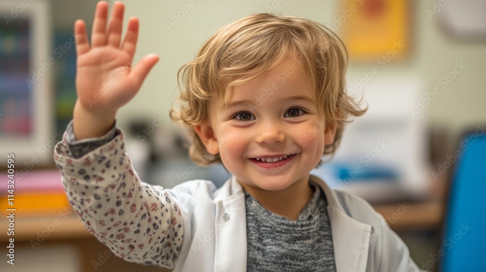 Smiling young child raising hand in a classroom setting Stock Photo ...