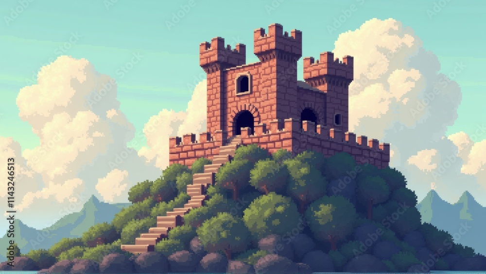 A pixel art medieval castle with tall towers, arched gates, and brick ...