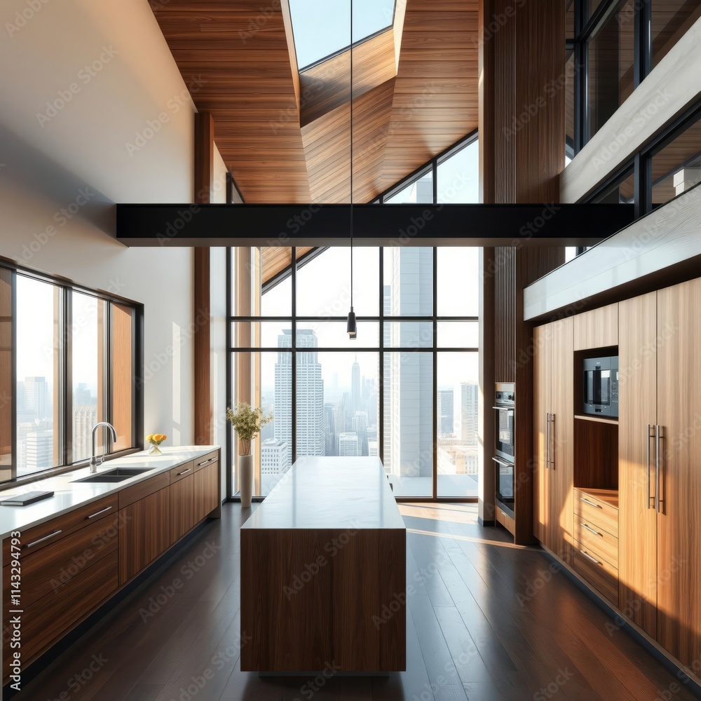 Modern luxury kitchen, wood paneling, vaulted ceiling, skylight, floor ...