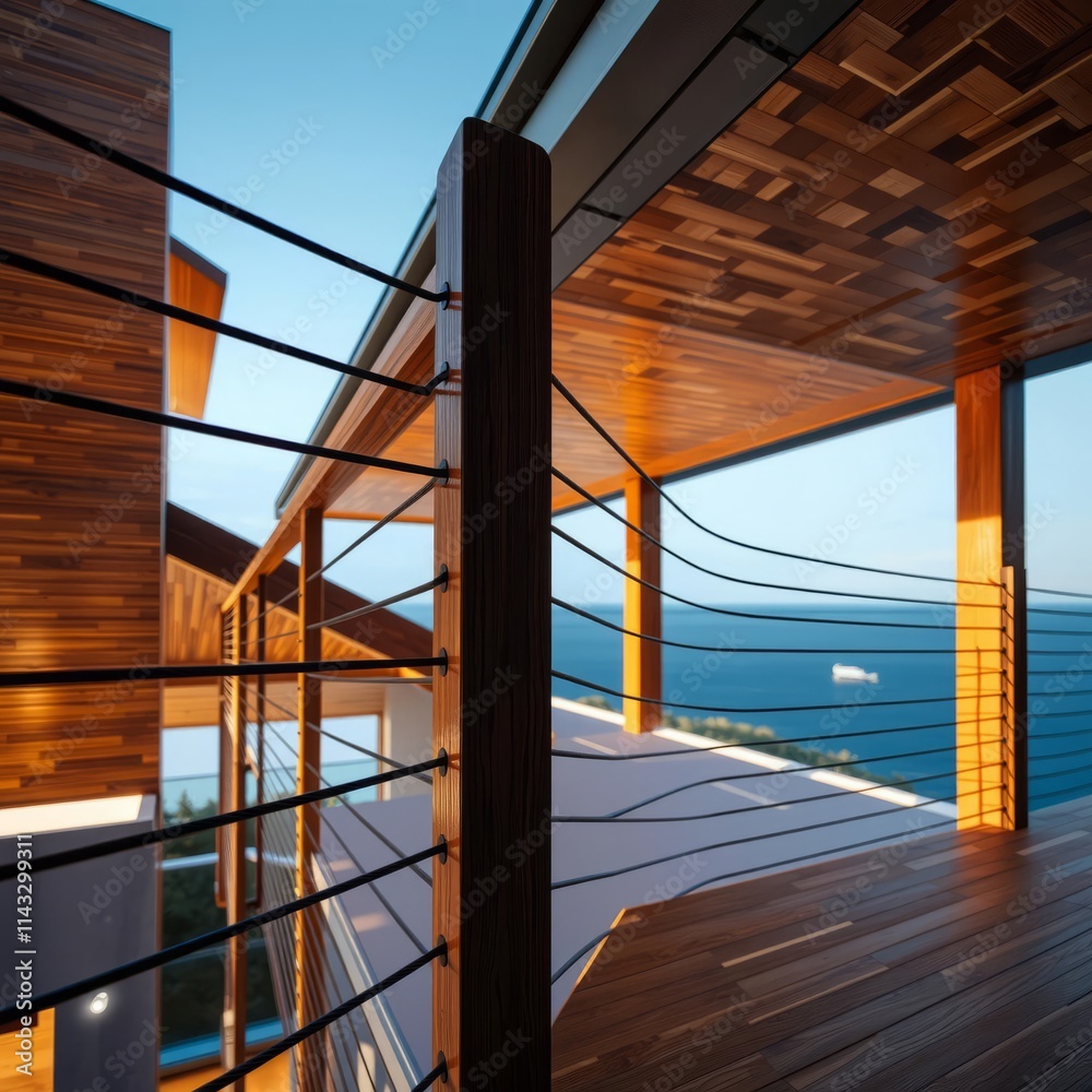 Cable railing wood post black wire rope house deck generative ai wood ...