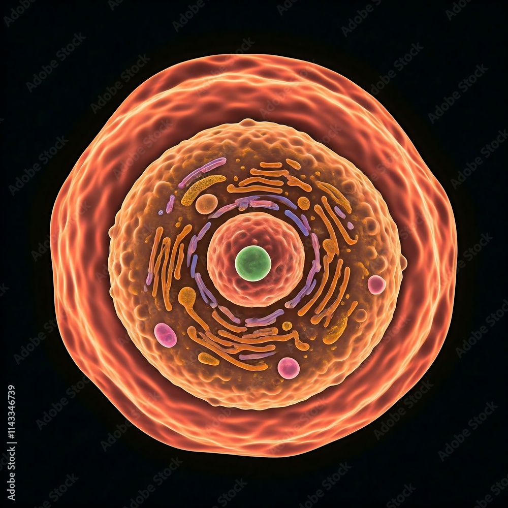 a human cell, with its nucleus, mitochondria, and other organelles ...