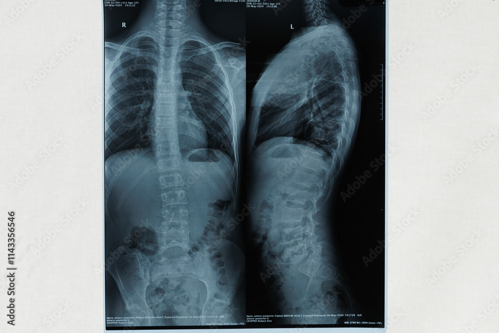 X-ray of whole spine AP and Lateral position in dark background ...