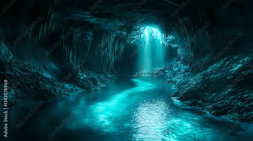 Bioluminescent underground river, fantasy, nature photography, glowing ...