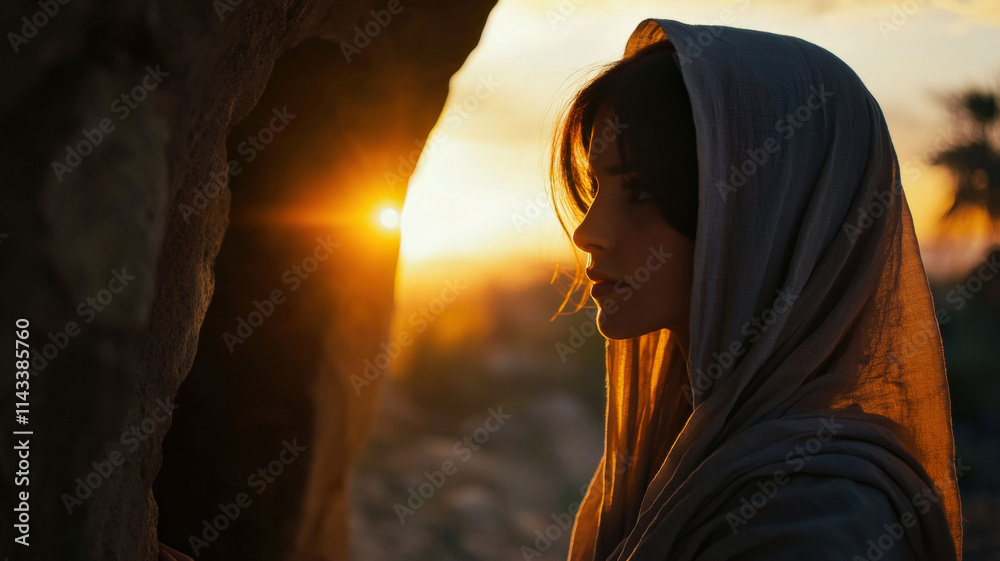 A tender portrayal of Mary Magdalene discovering the empty tomb at dawn ...