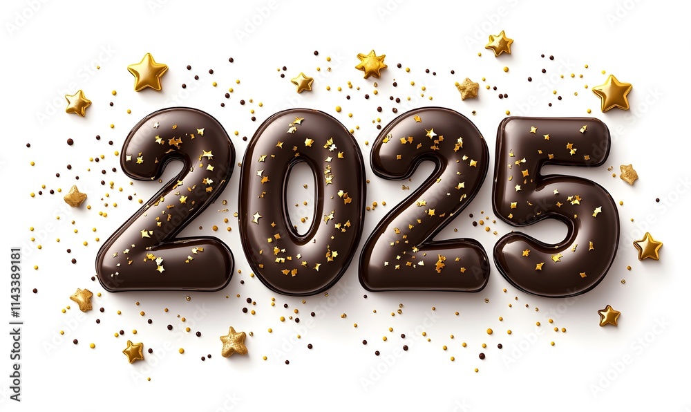 Chocolate 2025 year with gold stars and dots on a white background ...
