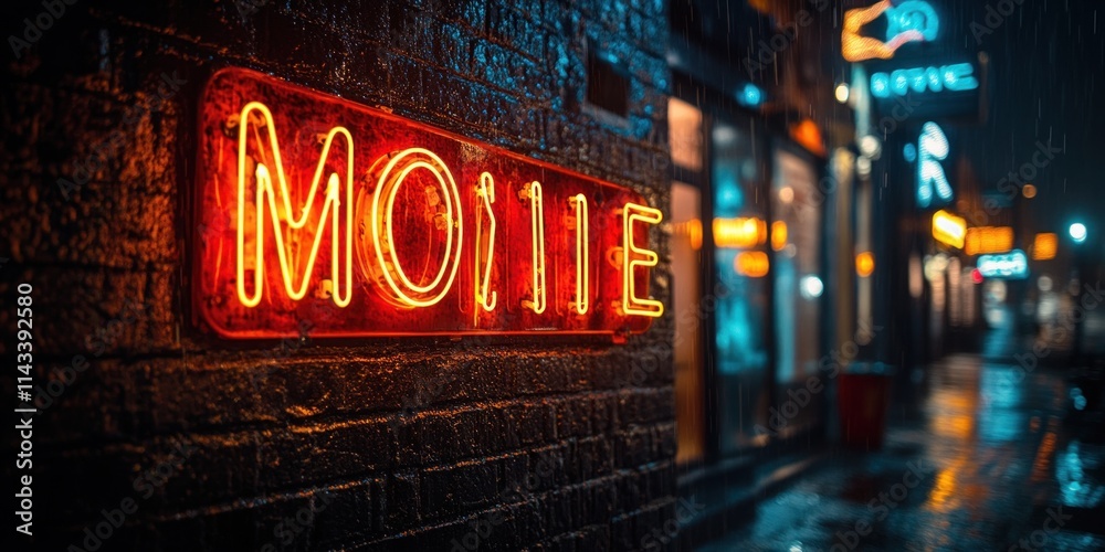 Retro Neon Movie Night Sign on Textured Wall with Warm Lighting for ...