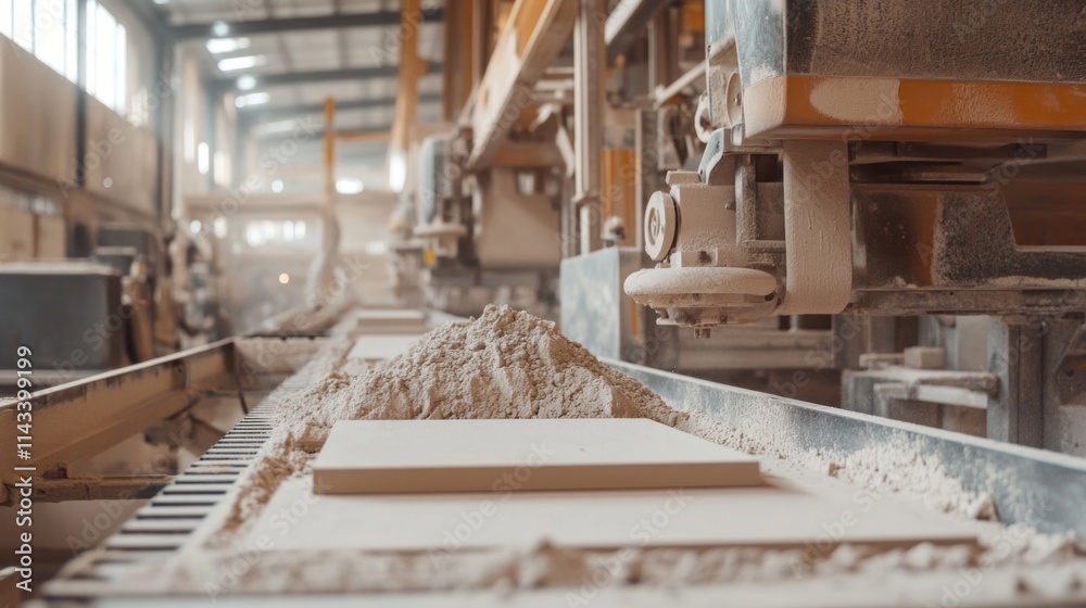 A busy gypsum board manufacturing plant in action, showcasing machines ...
