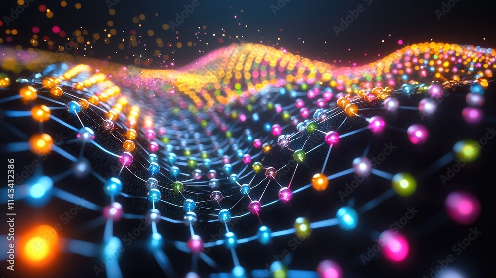 A visualization of quantum bits (qubits) in dynamic motion, intertwining with colorful light ...