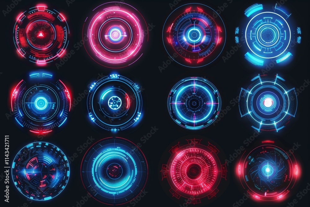 Collection of Futuristic HUD Interface Elements: Red and Blue Neon Sci-Fi Tech Circle Designs ...