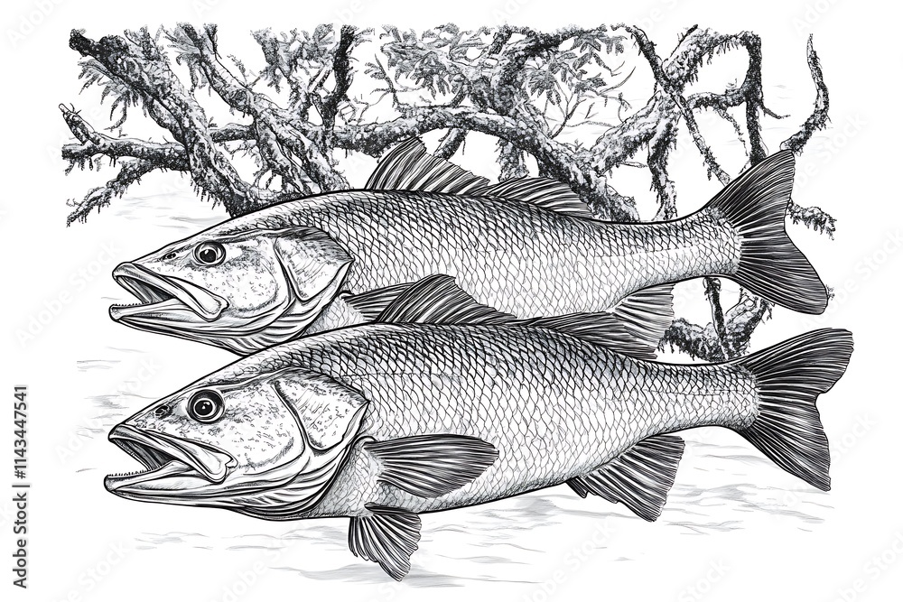 Two Barramundi Fish in Monochrome Ink Drawing with Mangrove Background ...