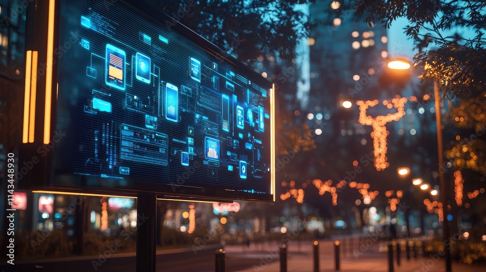 A sleek digital billboard featuring holographic displays of smart ...