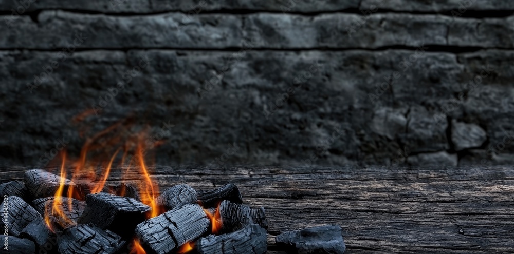 Smoldering briquette - glowing ember, charcoal texture, campfire warmth ...