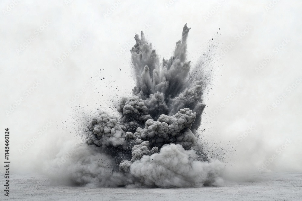 Massive grey explosion cloud billows upwards. Ideal for illustrating ...