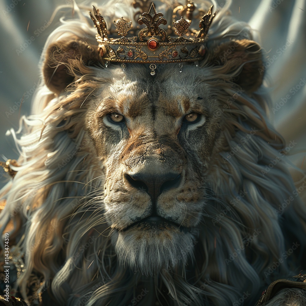 Majestic lion, crowned in gold, his powerful gaze and magnificent mane ...