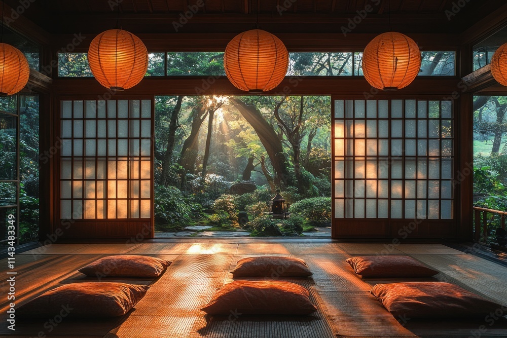 Japanese Tea House Interior with Traditional Wooden Beams and Shoji Doors Stock Photo | Adobe Stock