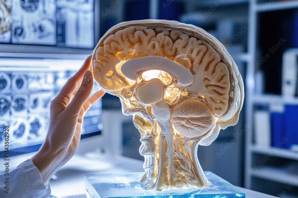 Detailed anatomical model of human brain, illuminated. Illustrates ...