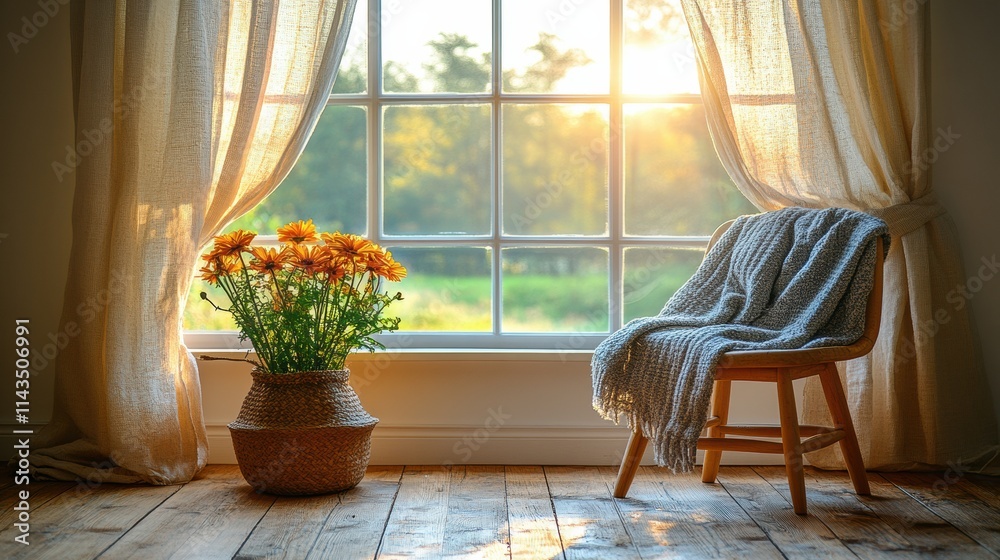 Zoom Virtual Background: Cozy interior with a chair and flowers by the ...