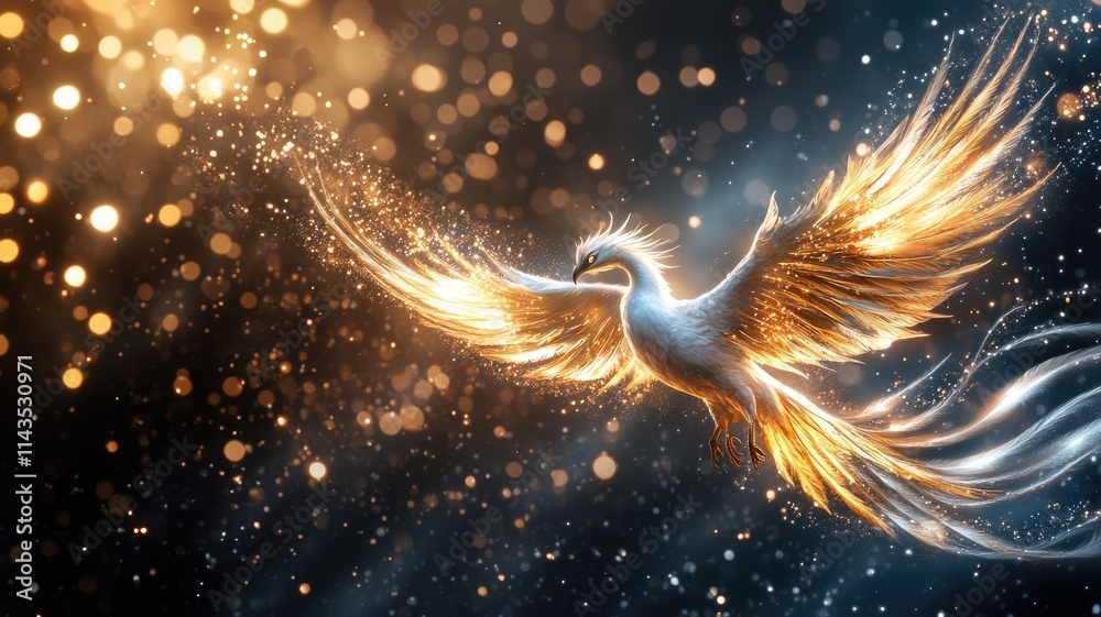 Radiant, mythical bird with fiery wings soars amid glowing lights ...