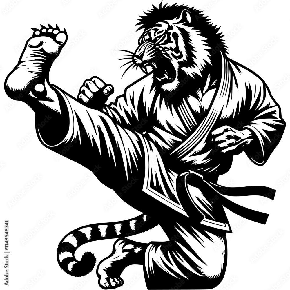 Tiger athlete throws straight kick in attacking position in monochrome ...