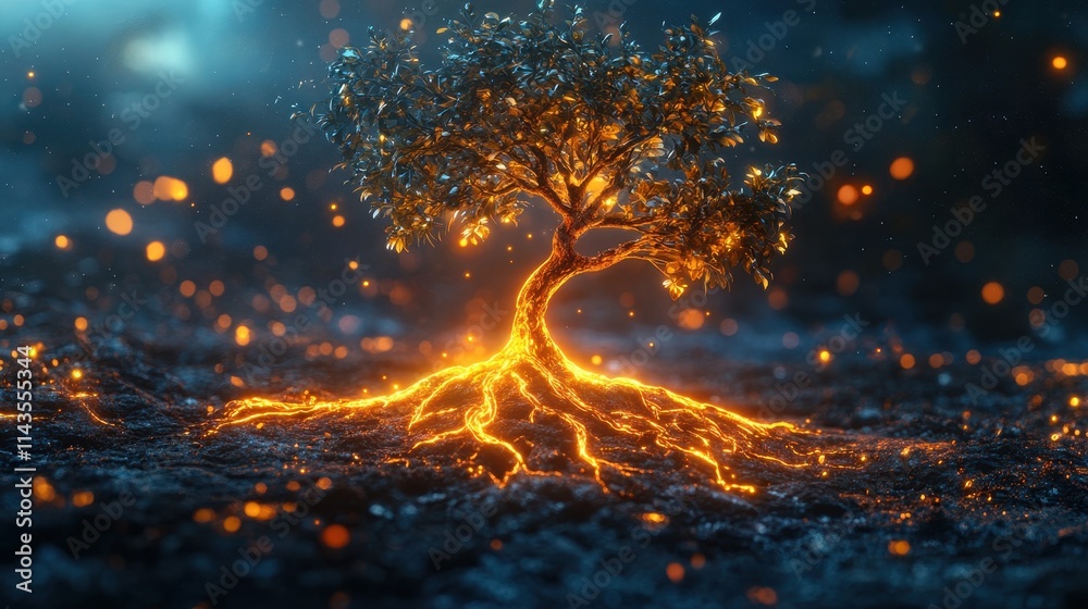 Glowing seed sprouting with radiant roots and branches symbolizing ...