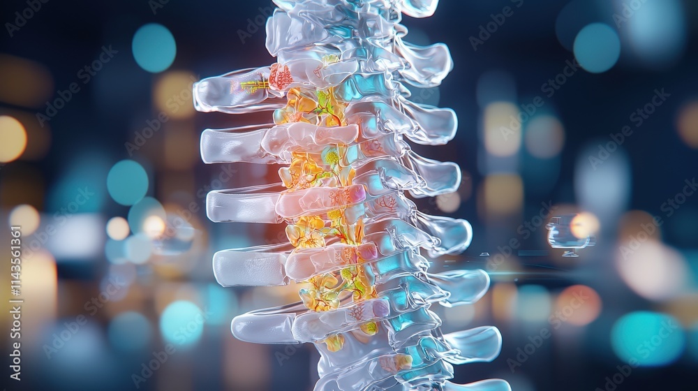Illustrated human spine with vertebrae labeled and color-coded Stock ...