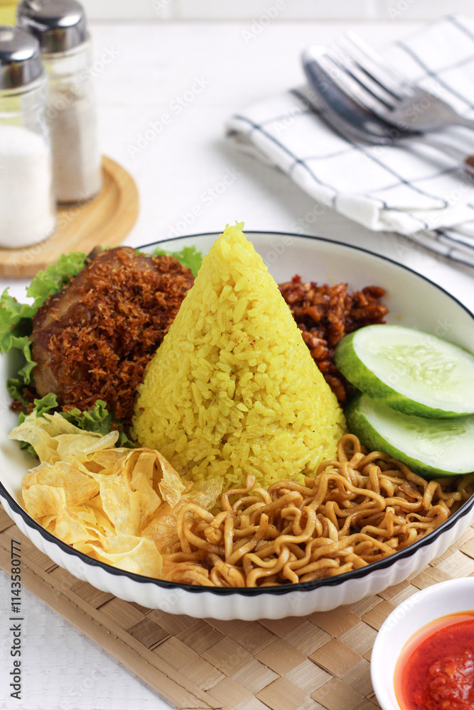 Cone shaped yellow rice or nasi tumpeng mini. Indonesian traditional ...