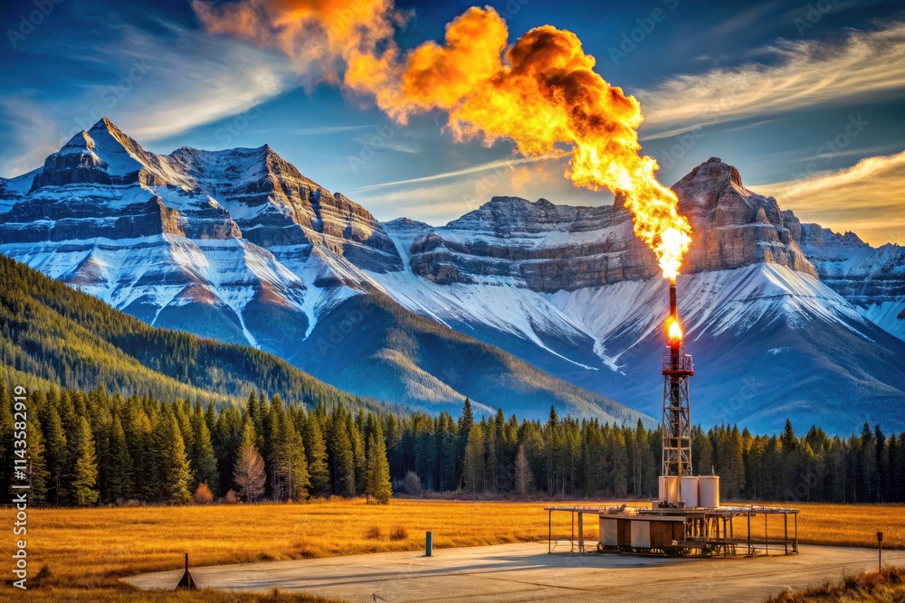 Alberta Natural Gas Flare Stack, Canadian Rocky Mountains, Energy ...