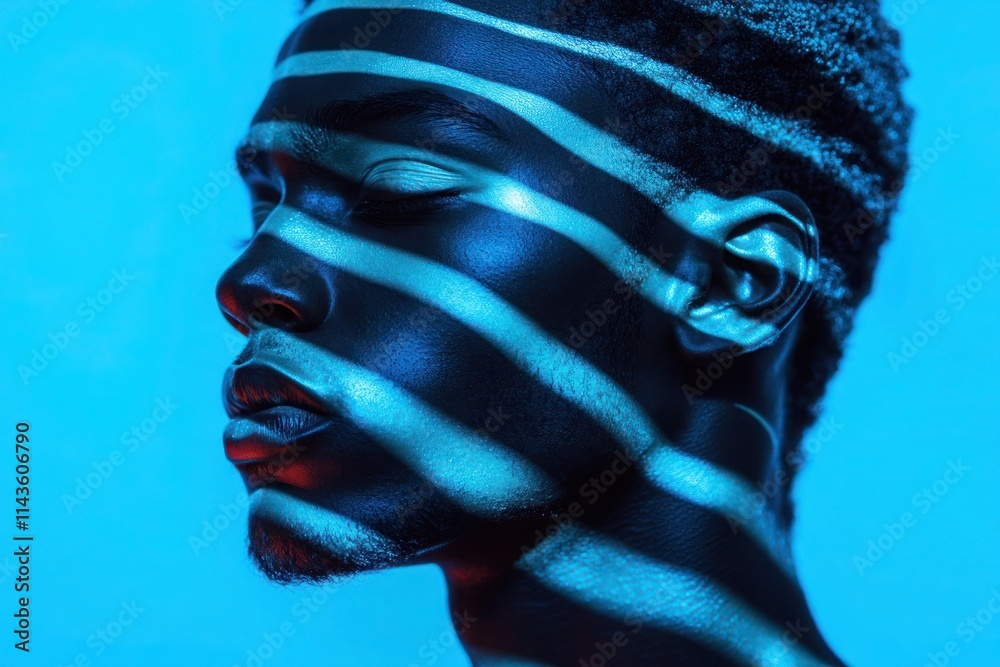 Portrait of a young guy with blue light patterns accentuating his ...