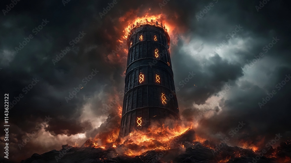 Towering black tower with glowing golden runes stretching into a fiery ...