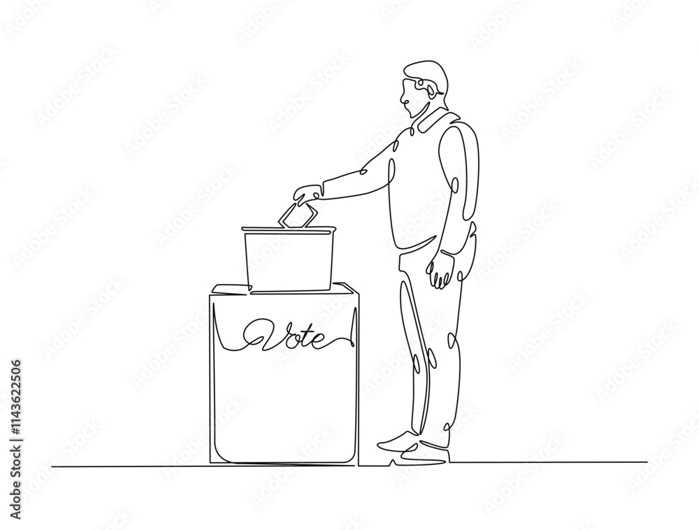 Continuous line drawing art of male voter placing ballot in ballot box ...