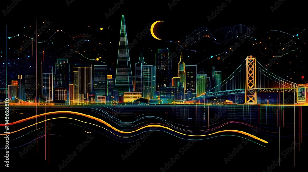 single line outline. showcases a depiction of a city skyline at night ...