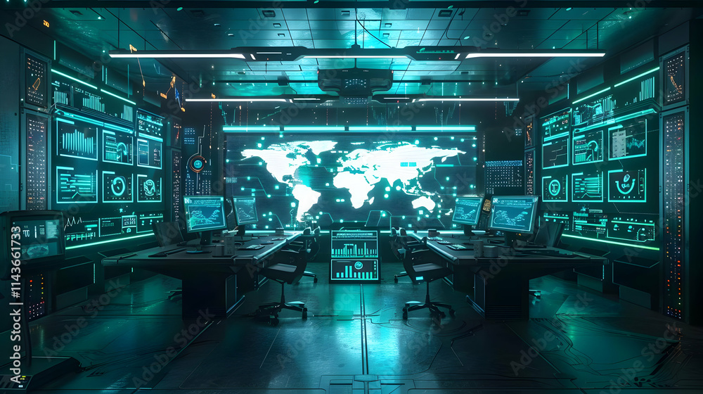 Futuristic Digital Command Center: Global Network Monitoring System Displays Data, Charts, and ...