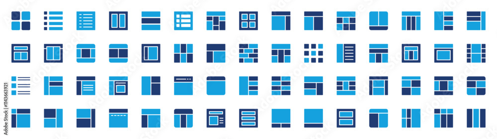 Set of Layout blue icon. Apps, List Items, Partition, Categories, Three ...