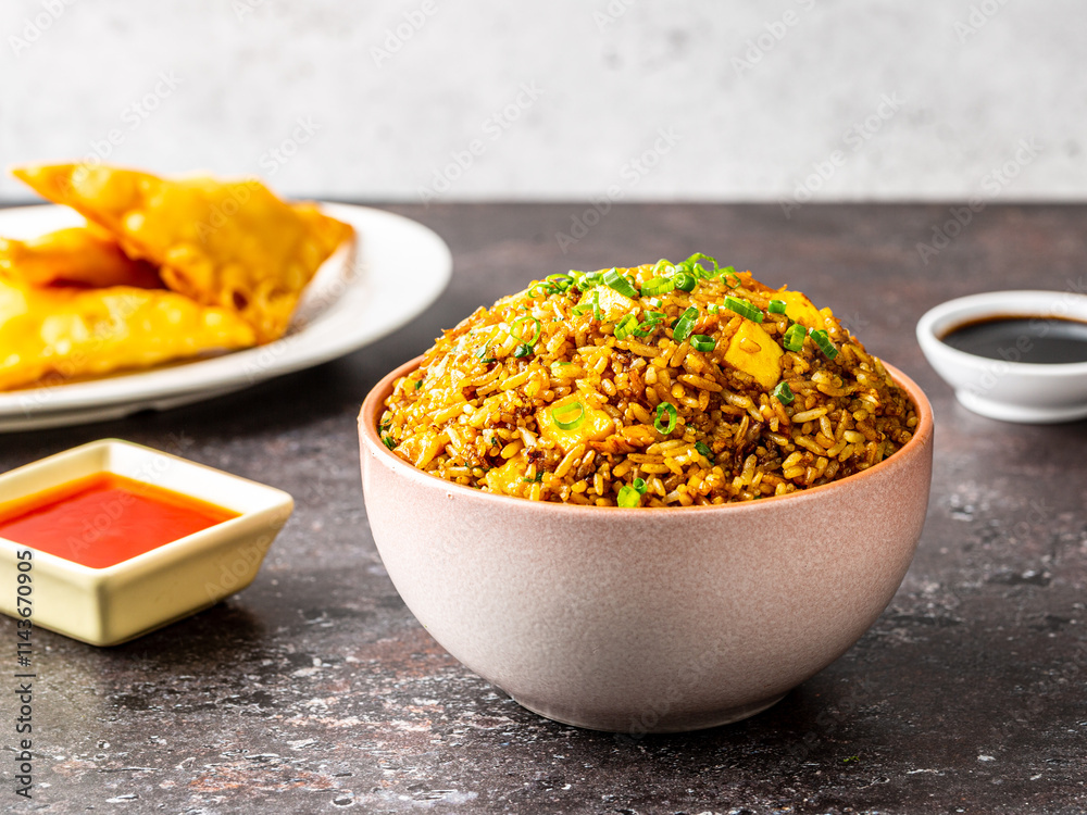 Arroz chaufa, comida china y peruana, wantán frito, salsa de tamarindo ...