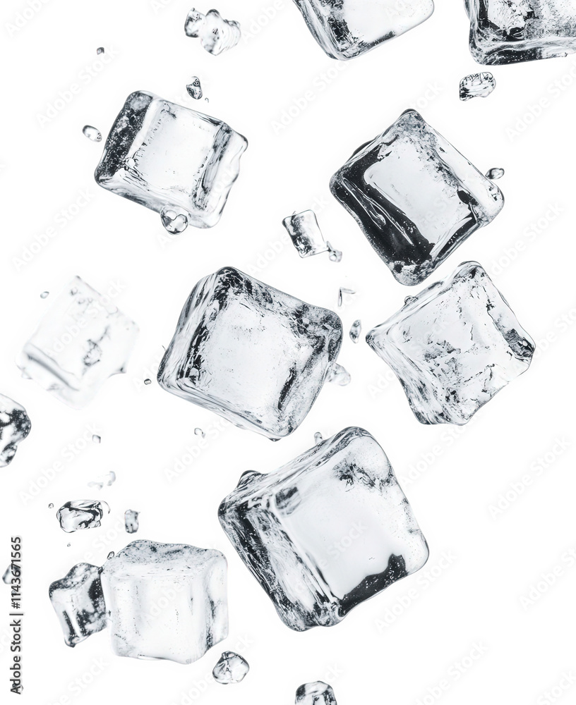 multiple ice cubes falling in mid-air against a transparent background ...