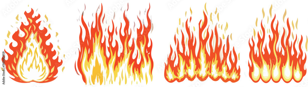 Print Cartoon red flame. Fire flames, hot fireball, danger wildfire ...