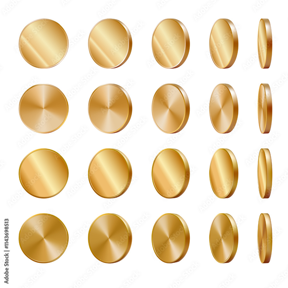 Golden coins realistic rotate set. Animation vector front, side view ...