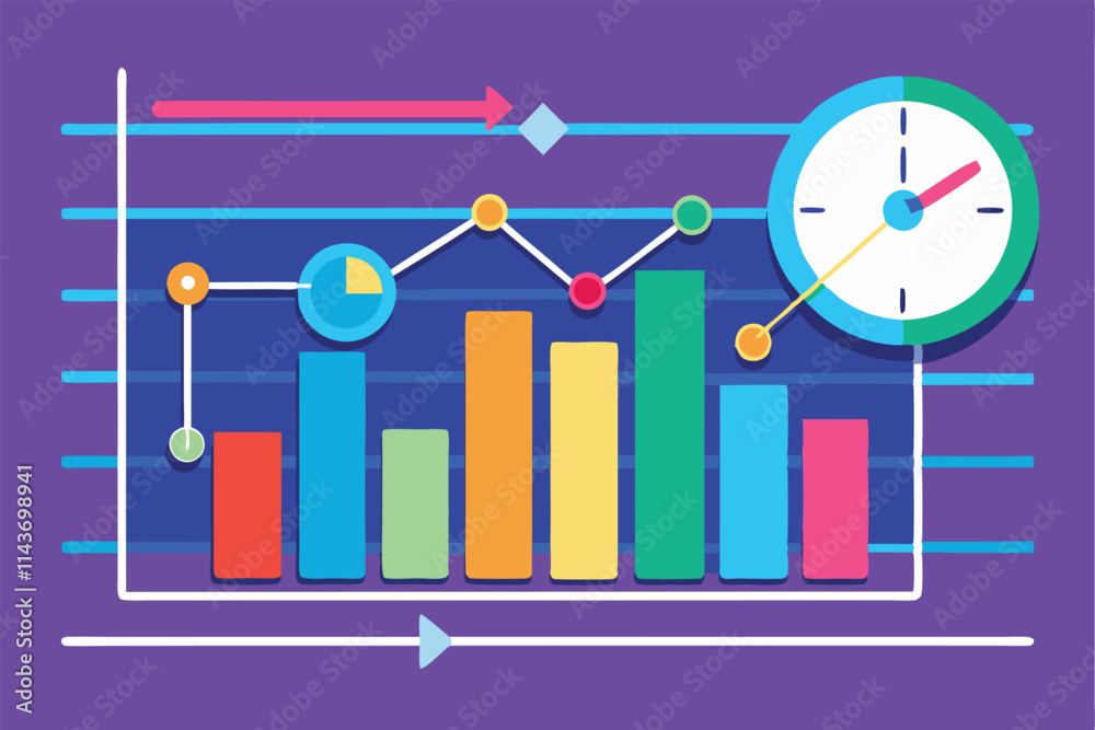 A colorful time analysis chart displays trends and data visualization ...
