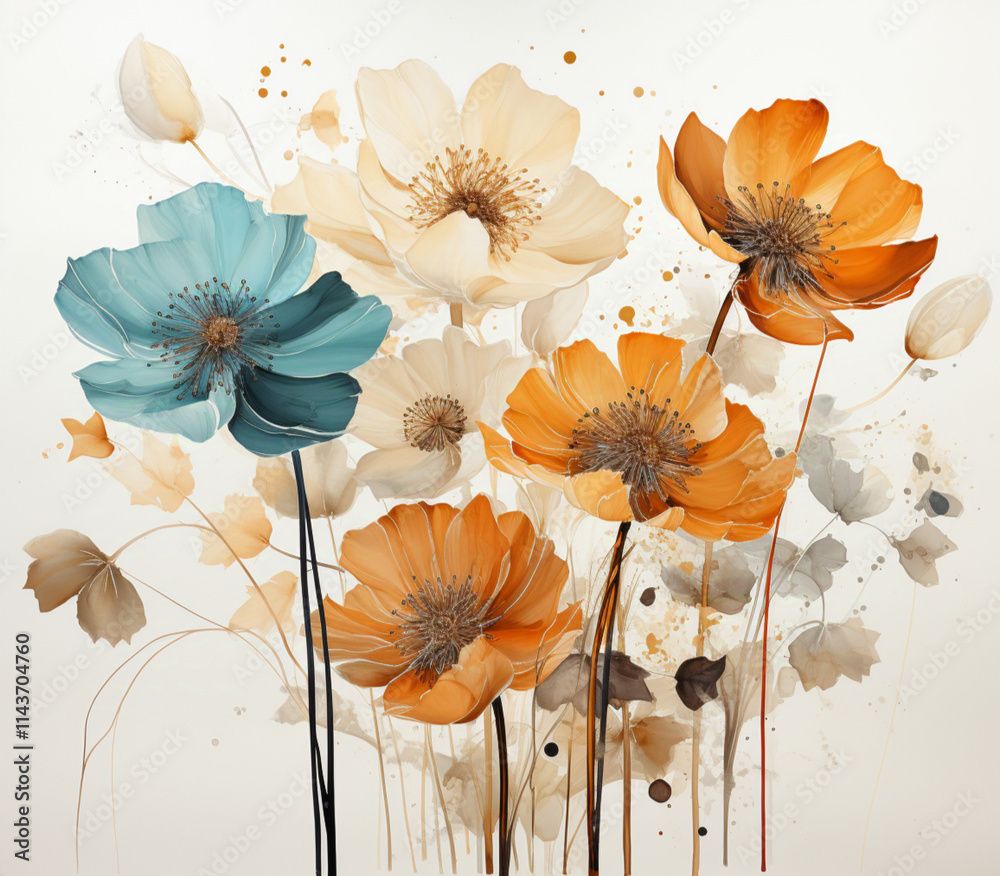 Flowers, Abstract Boho Art, Terracotta colors, Vintage Art , Flower ...