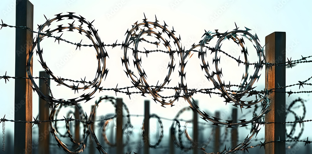 An illustration depicting twisted barbed wire silhouettes set in round ...