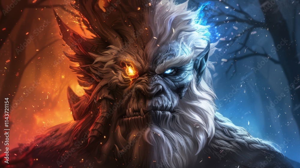 Ilustrace Ice vs fire in abstract art, a striking vs flowing design of ...