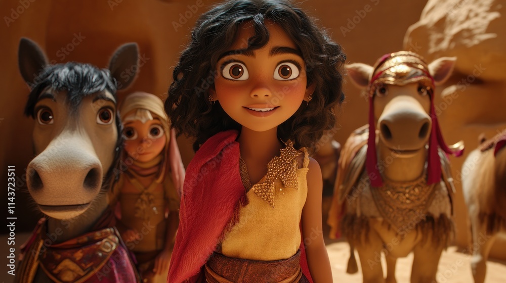 Animated girl with two horses in desert setting. の Stock フォト | Adobe Stock