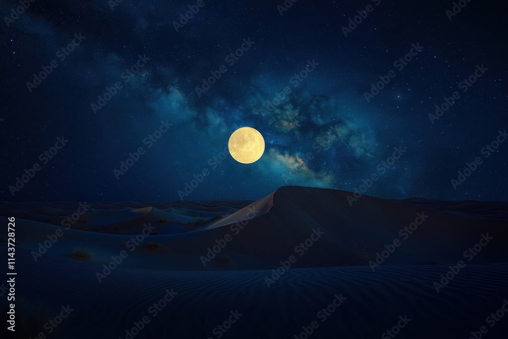 Desert dunes at night giant glowing moon rising starry night sky Milky ...