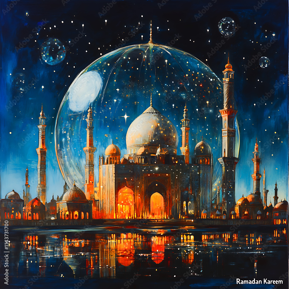 Mystical Mosque Under a Starry Sky in a Giant Bubble. A breathtaking ...