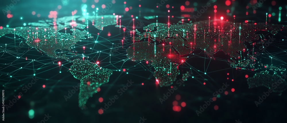 World map with interconnected points in 3D, digital data transfer lines ...