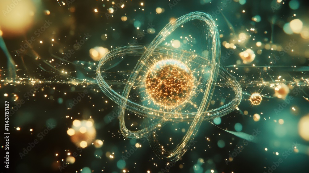 Artistic visualization of an atom in vibrant colors with swirling particles illustrating atomic ...